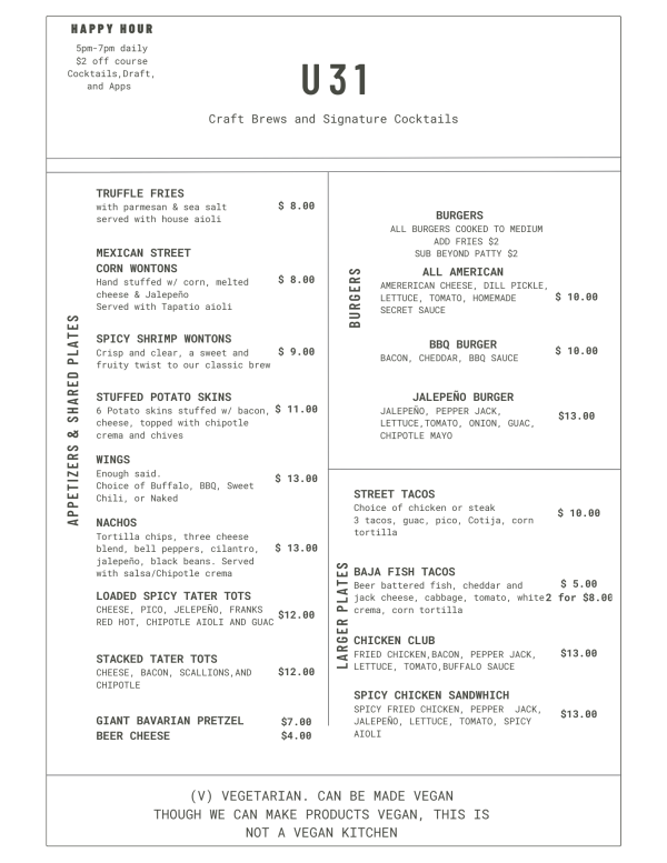 Food Menu - U31 Bar - North Park