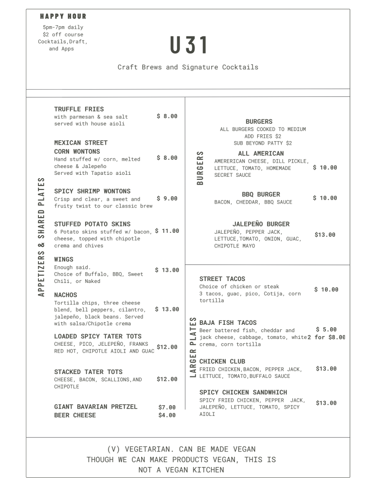 Food Menu - U31 Bar - North Park